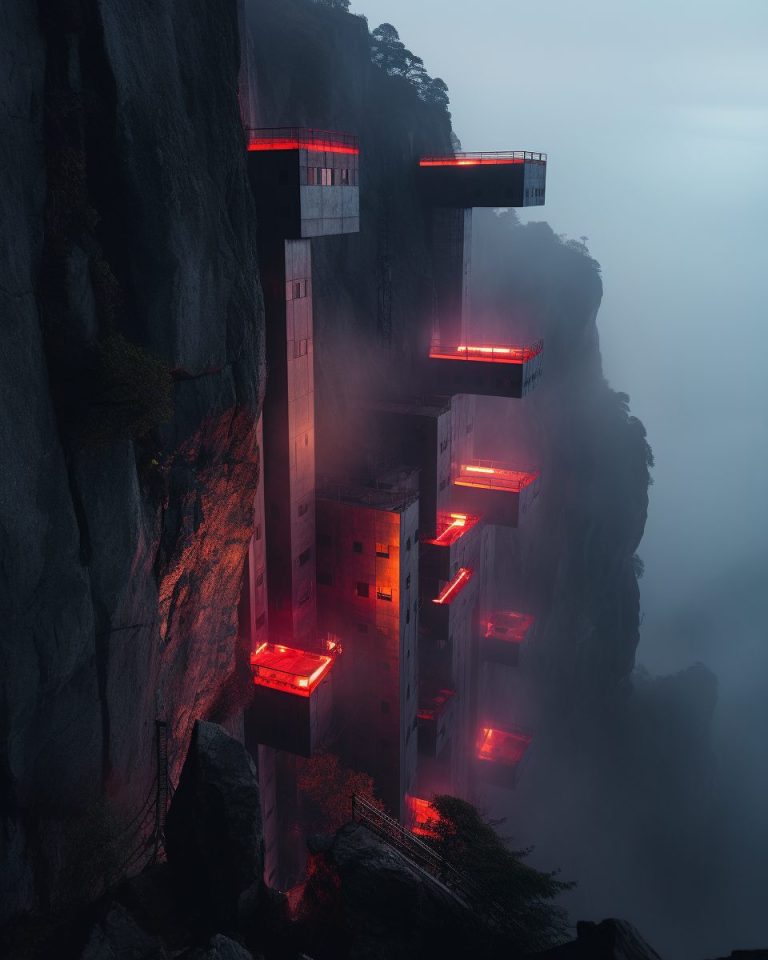 Red Neon Brutalist Buildings by the Mountainside