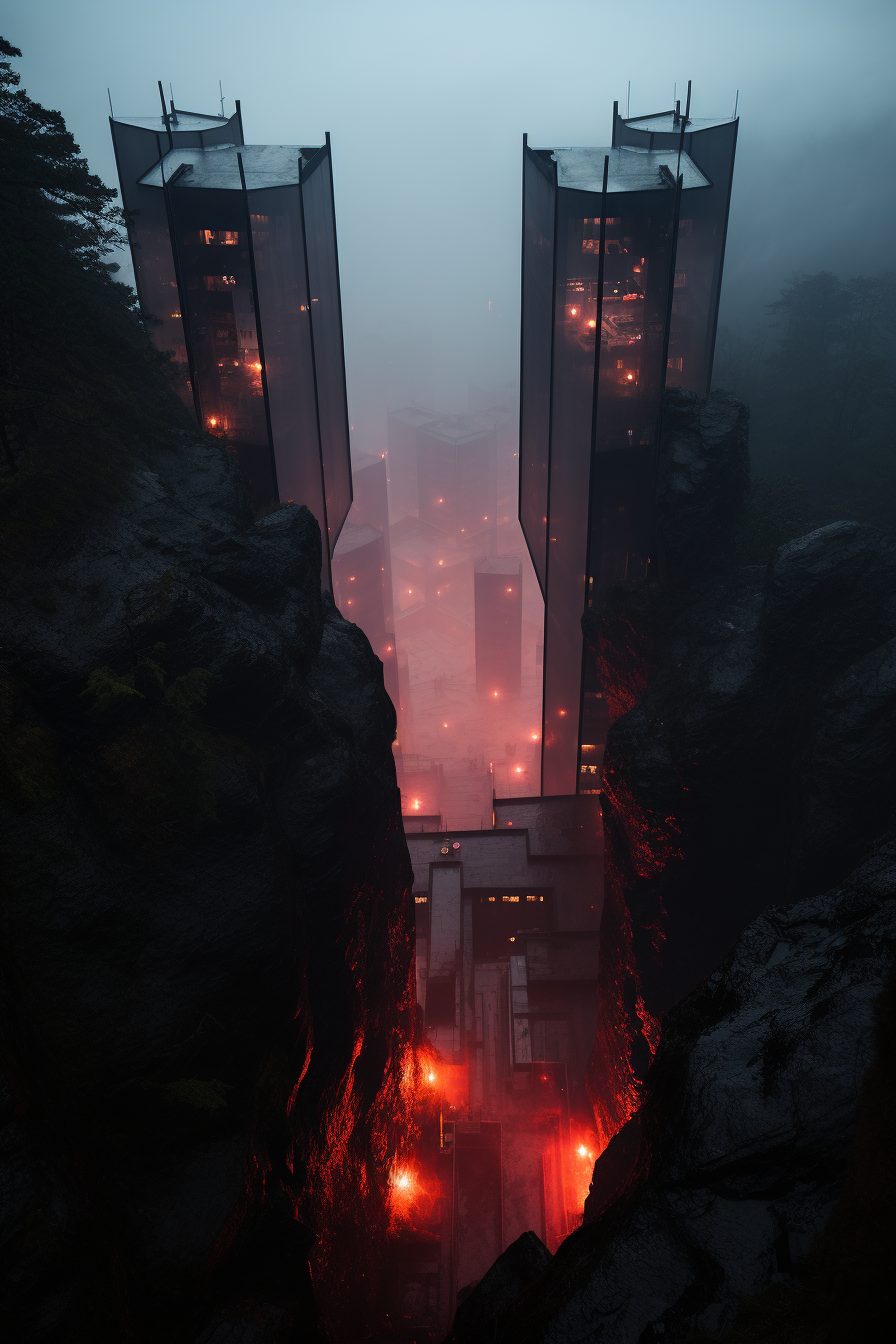 Red Neon Brutalist Buildings by the Mountainside