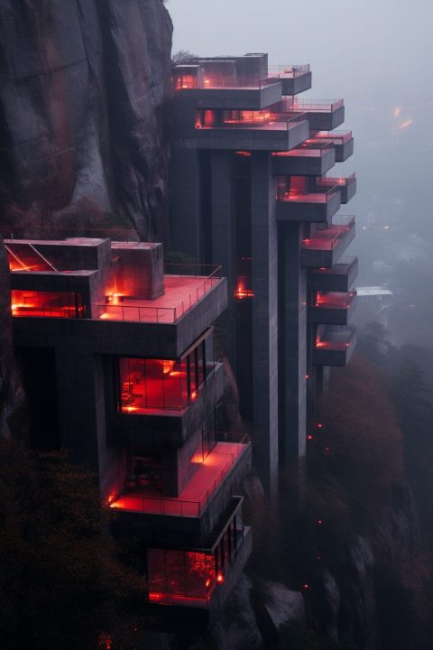 Red Neon Brutalist Buildings by the Mountainside