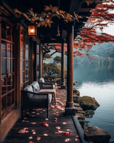 Traditional Japanese Lakehouse Porch with a Waterfront View