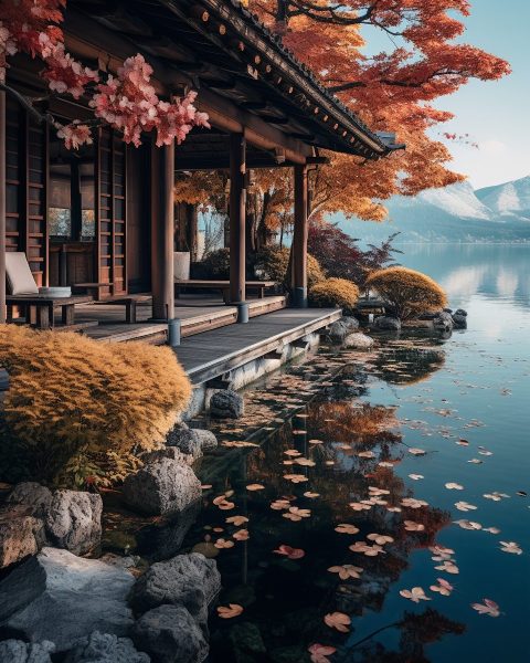 Traditional Japanese Lakehouse Porch with a Waterfront View