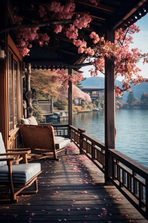 Traditional Japanese Lakehouse Porch with a Waterfront View