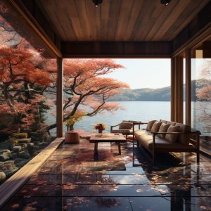 Traditional Japanese Lakehouse Porch with a Waterfront View