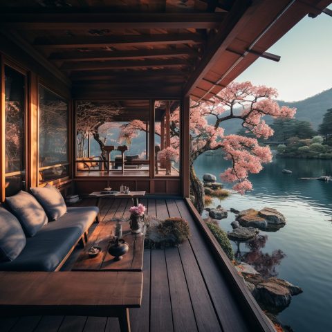 Traditional Japanese Lakehouse Porch with a Waterfront View