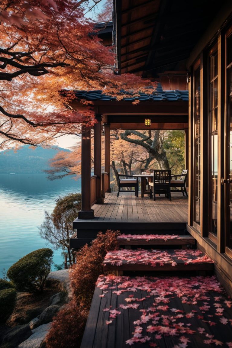 Traditional Japanese Lakehouse Porch with a Waterfront View