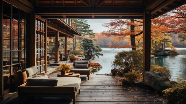 Traditional Japanese Lakehouse Porch with a Waterfront View
