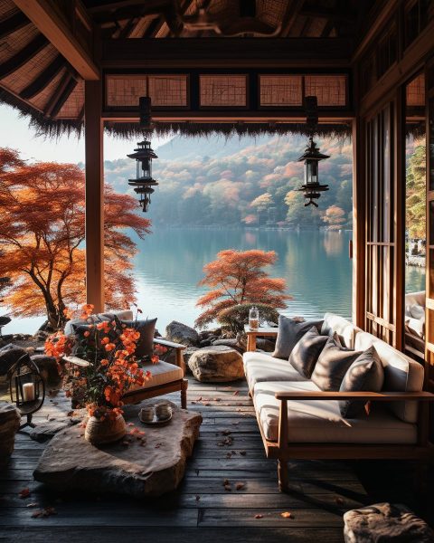 Traditional Japanese Lakehouse Porch with a Waterfront View