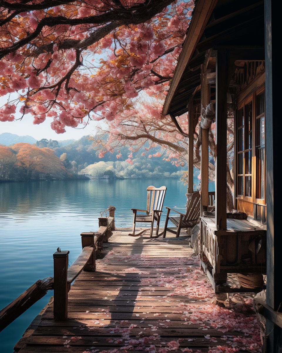 Traditional Japanese Lakehouse Porch with a Waterfront View