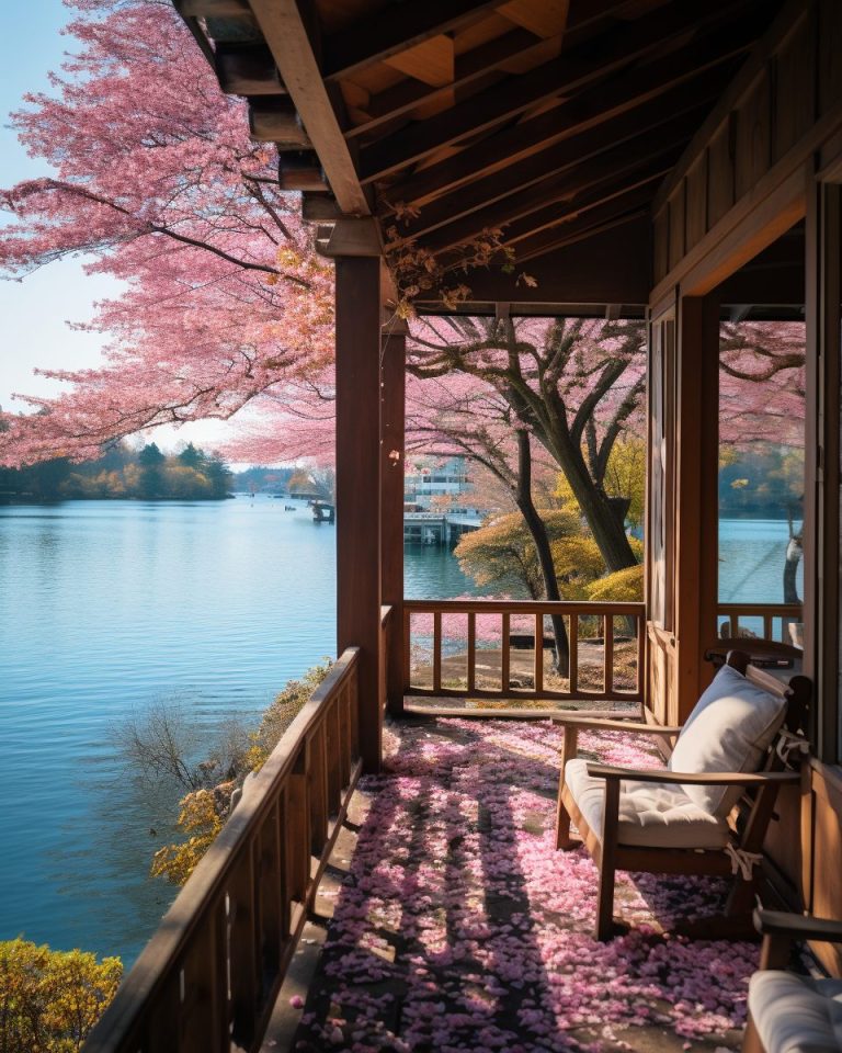 Traditional Japanese Lakehouse Porch with a Waterfront View