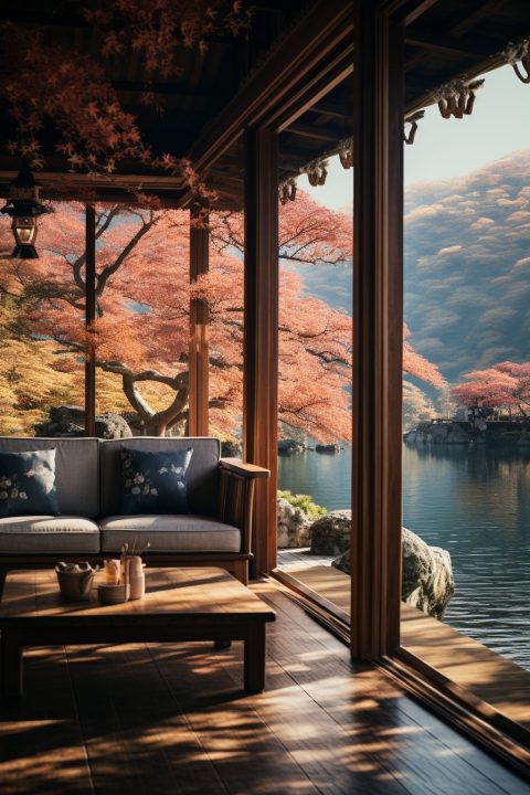 Traditional Japanese Lakehouse Porch with a Waterfront View