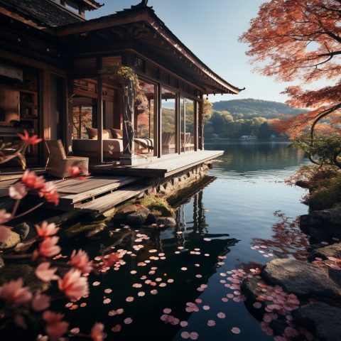 Traditional Japanese Lakehouse Porch with a Waterfront View