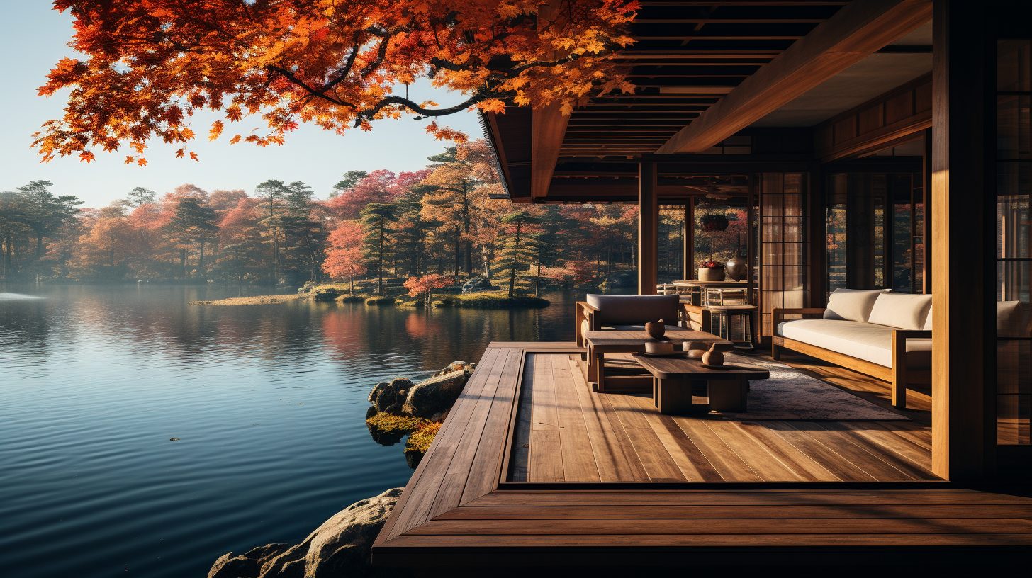 Traditional Japanese Lakehouse Porch with a Waterfront View