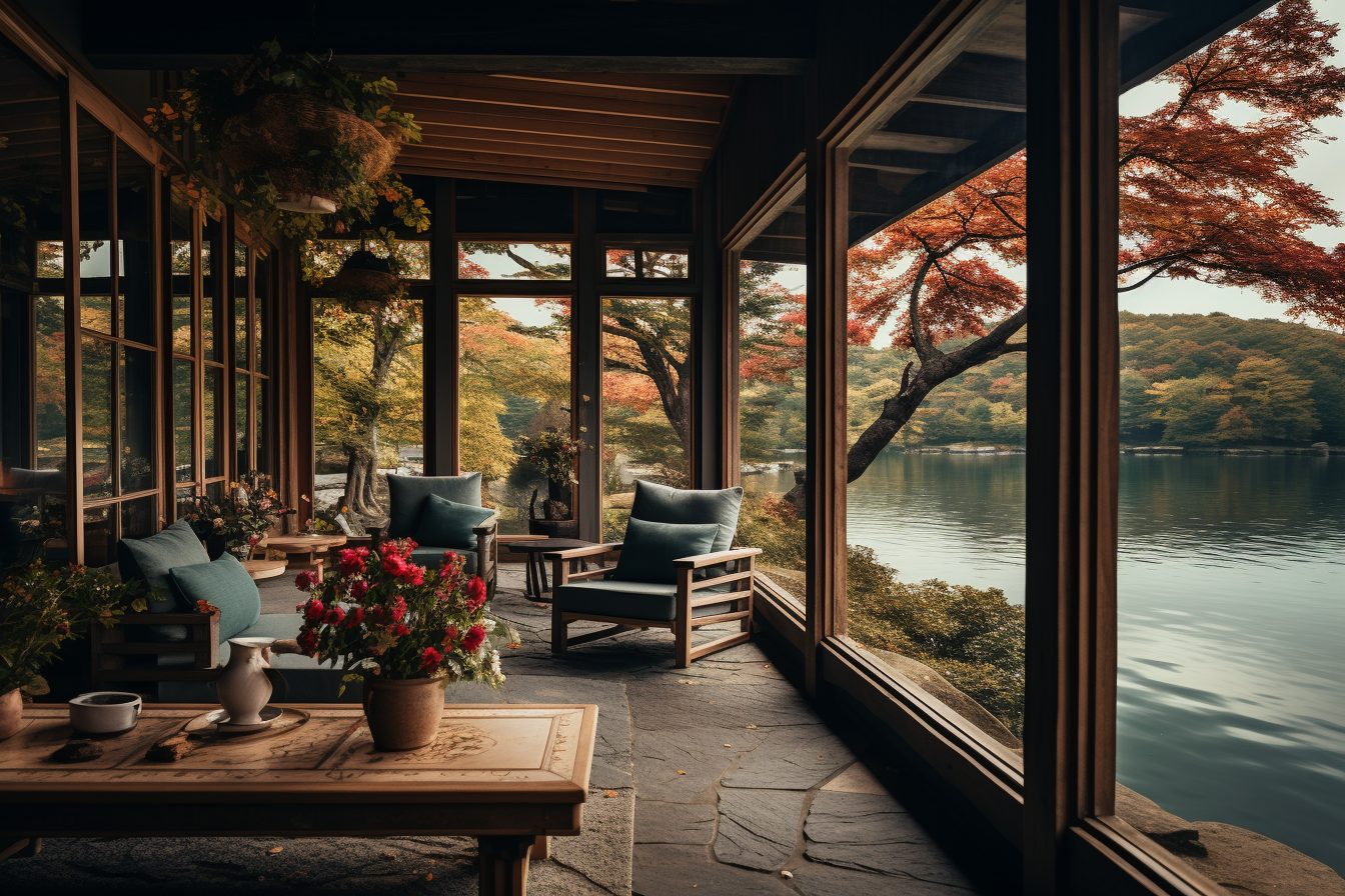 Traditional Japanese Lakehouse Porch with a Waterfront View