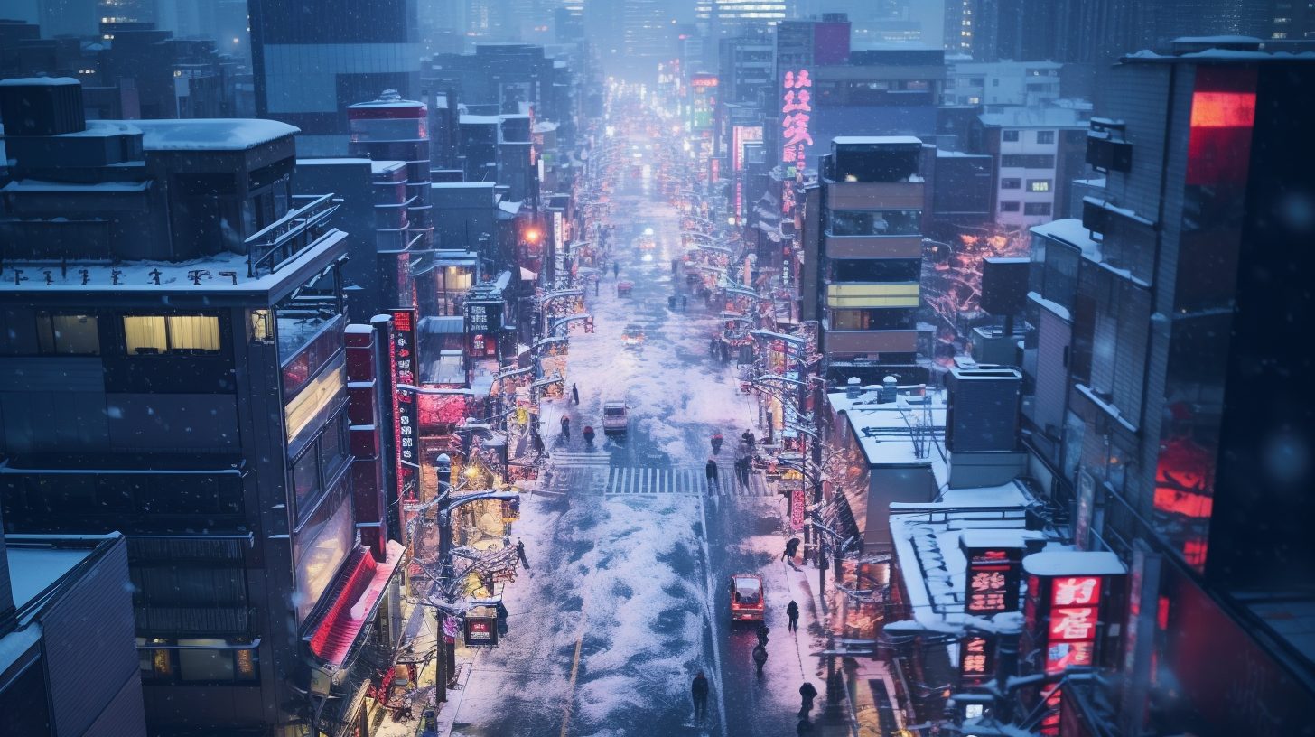 View of the Snowy Tokyo City Streets