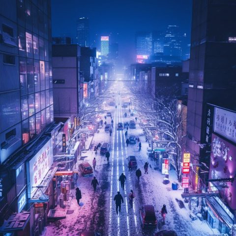 View of the Snowy Tokyo City Streets