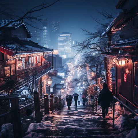 View of the Snowy Tokyo City Streets