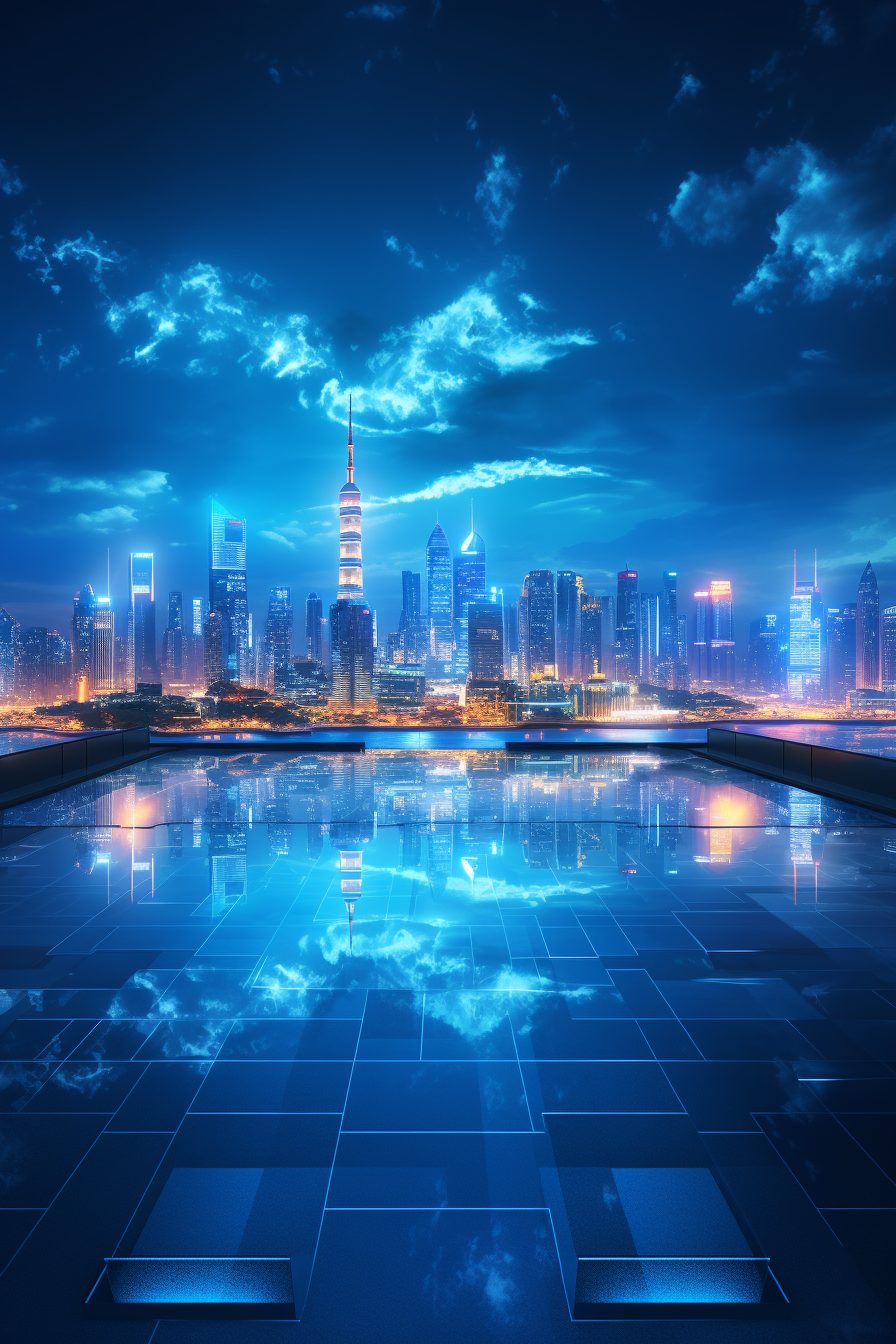 Cyberpunk Neon Rooftop Pool with a Cityscape View