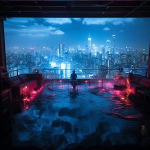 Cyberpunk Neon Rooftop Pool with a Cityscape View
