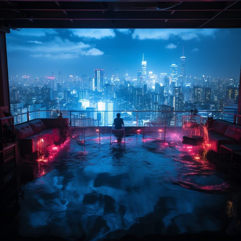 Cyberpunk Neon Rooftop Pool with a Cityscape View