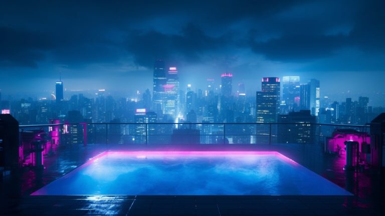 Cyberpunk Neon Rooftop Pool with a Cityscape View