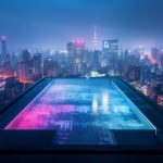 Cyberpunk Neon Rooftop Pool with a Cityscape View