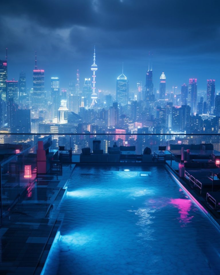 Cyberpunk Neon Rooftop Pool with a Cityscape View