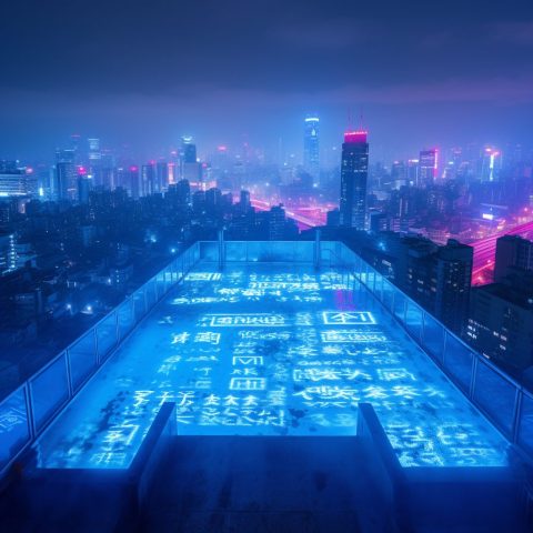 Cyberpunk Neon Rooftop Pool with a Cityscape View