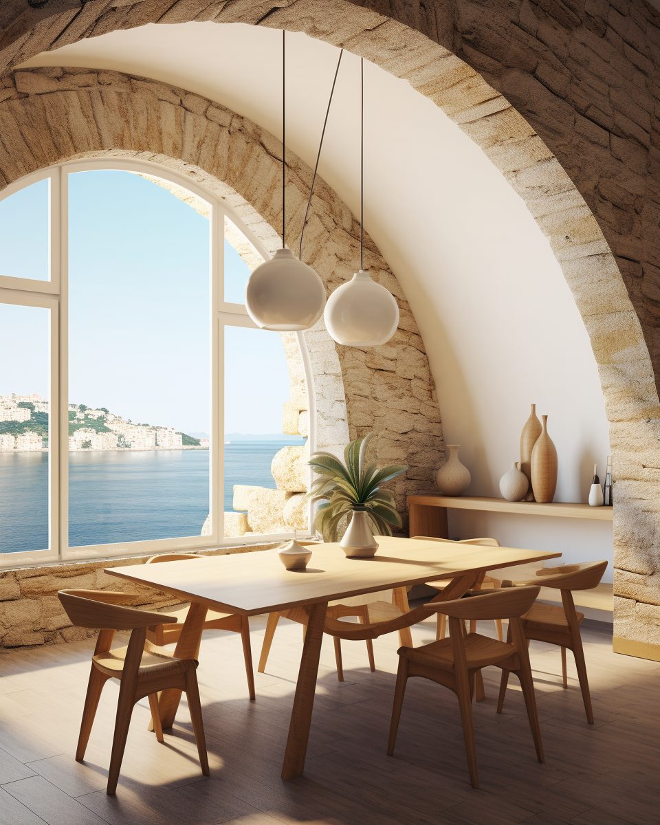 Dining Room with Stone Accents and Mediterranean Coastal View
