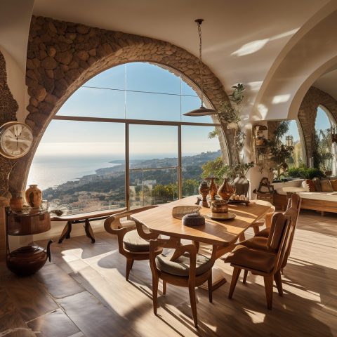 Dining Room with Stone Accents and Mediterranean Coastal View