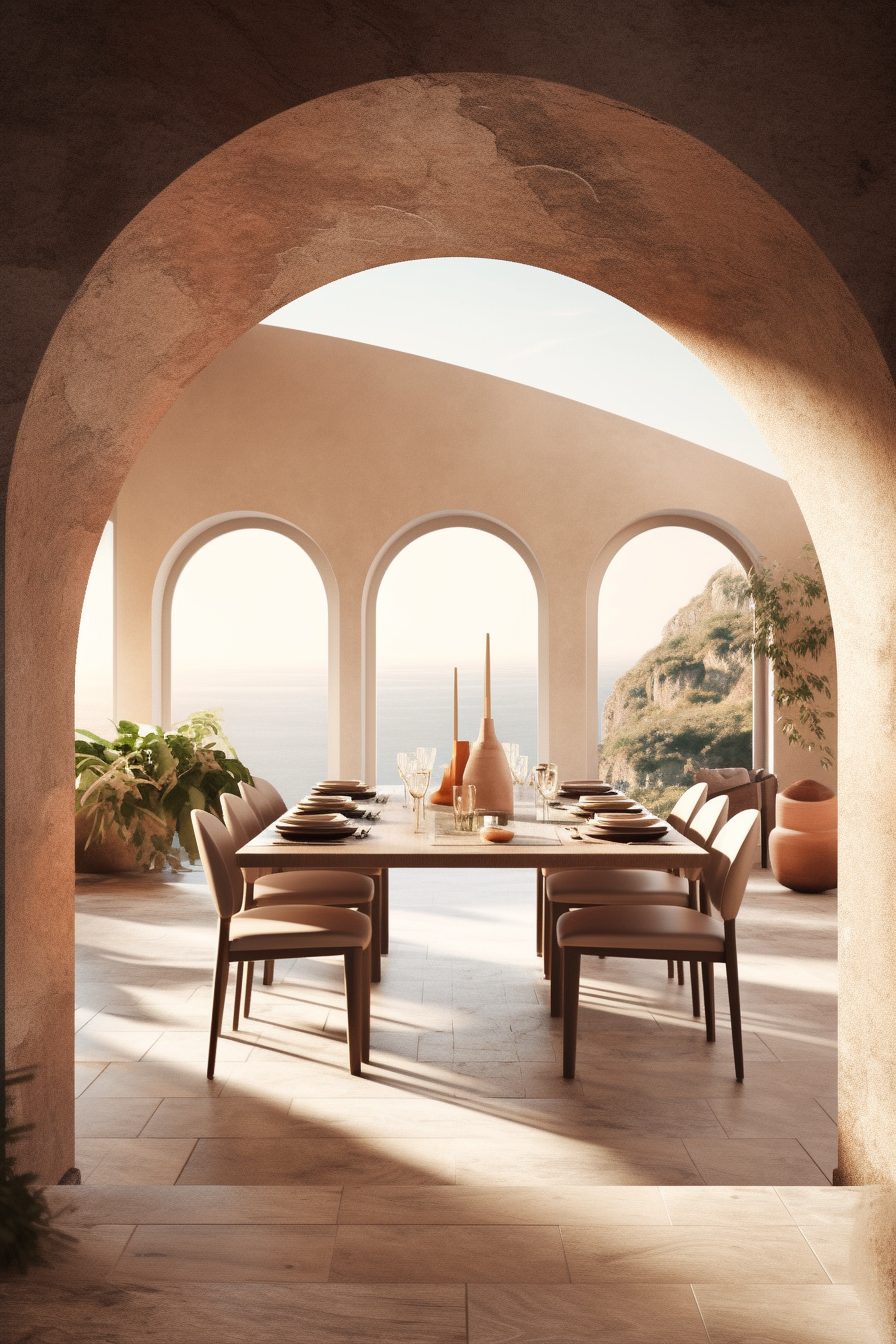 Dining Room with Stone Accents and Mediterranean Coastal View
