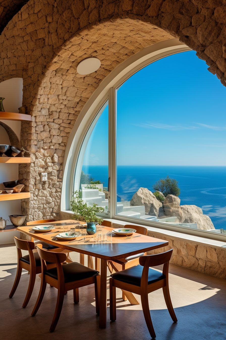 Dining Room with Stone Accents and Mediterranean Coastal View