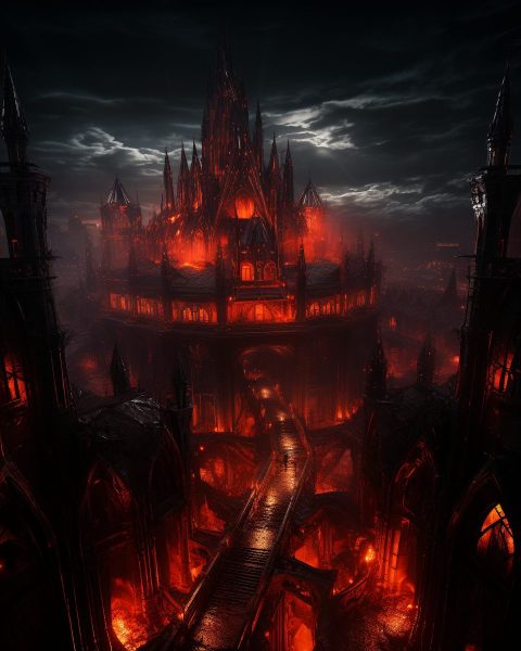 The Dark Buildings with Red Neon Lighting