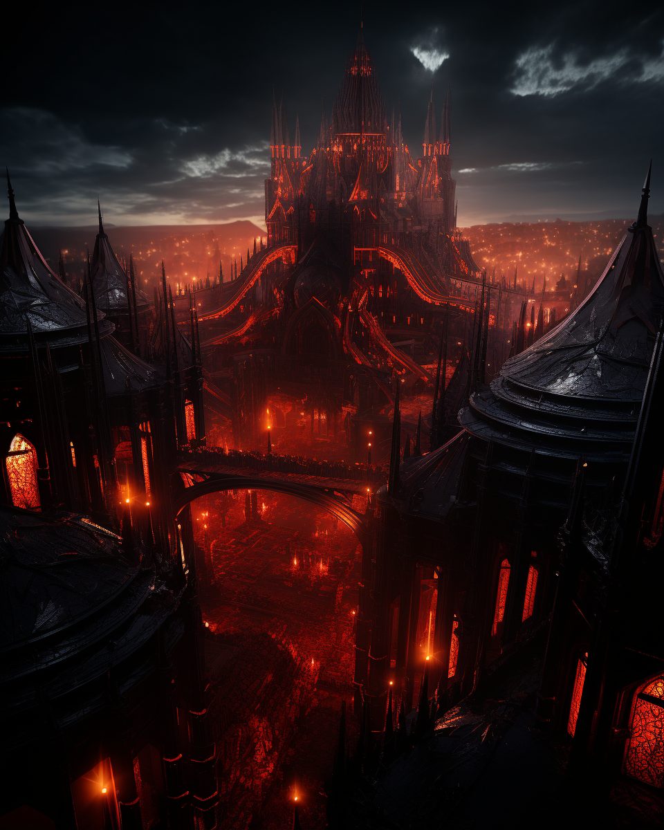 The Dark Buildings with Red Neon Lighting