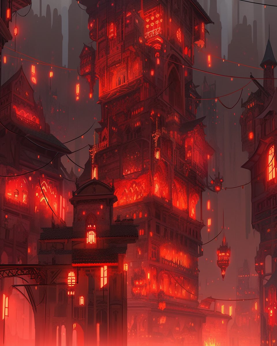 The Dark Buildings with Red Neon Lighting