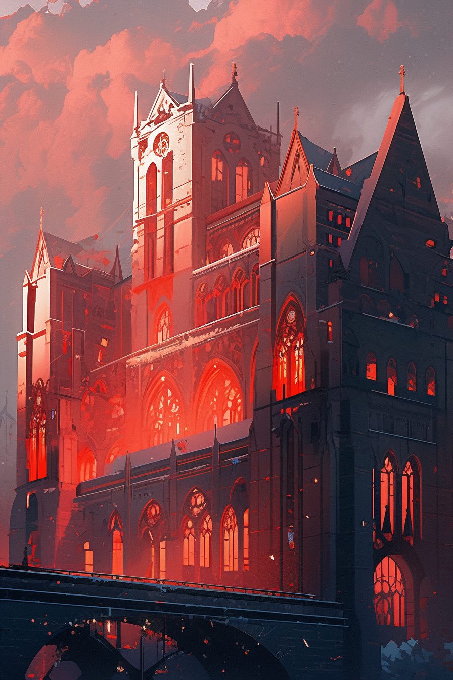 The Dark Buildings with Red Neon Lighting