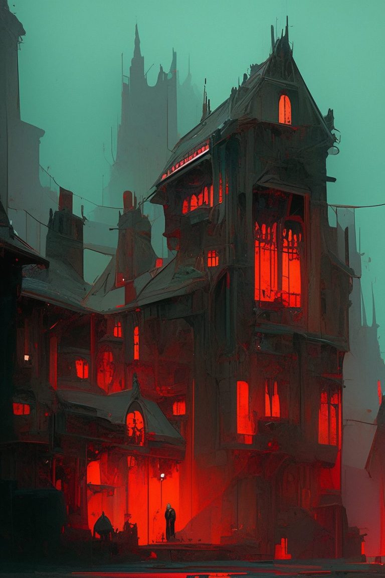 The Dark Buildings with Red Neon Lighting