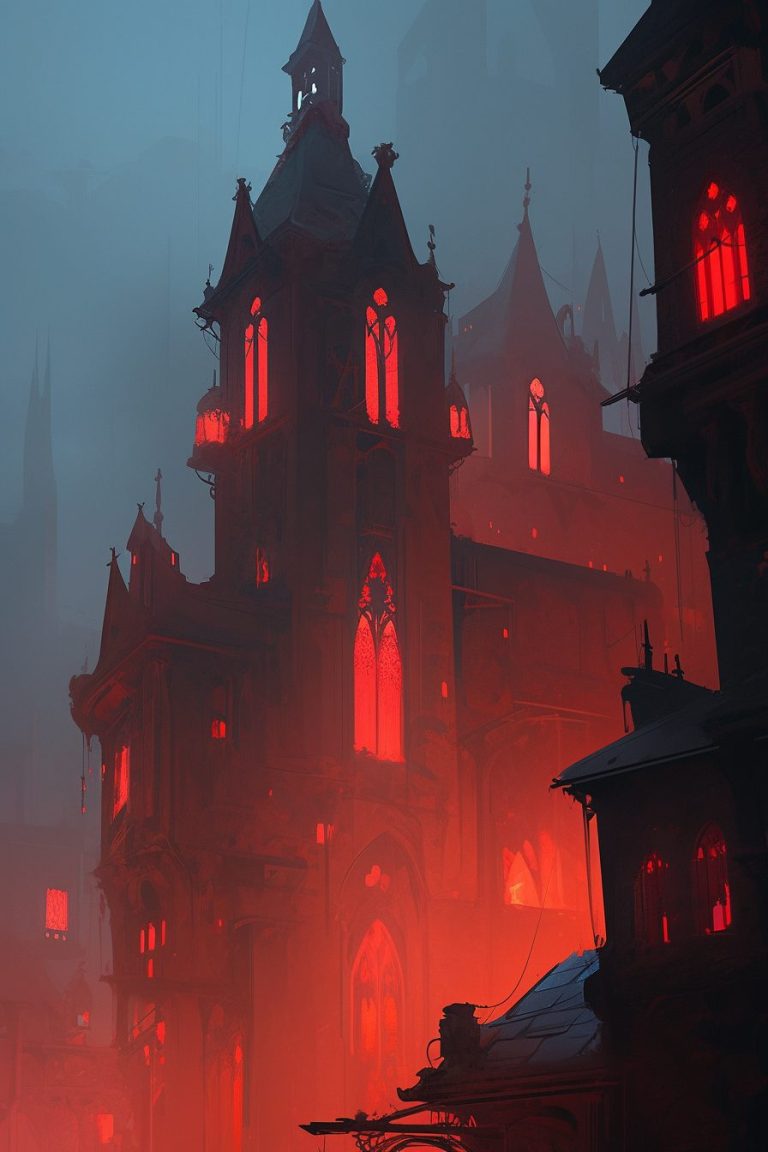 The Dark Buildings with Red Neon Lighting