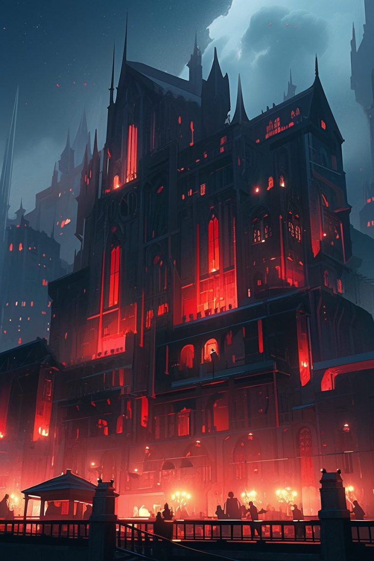 The Dark Buildings with Red Neon Lighting