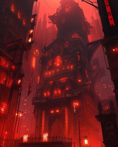 The Dark Buildings with Red Neon Lighting