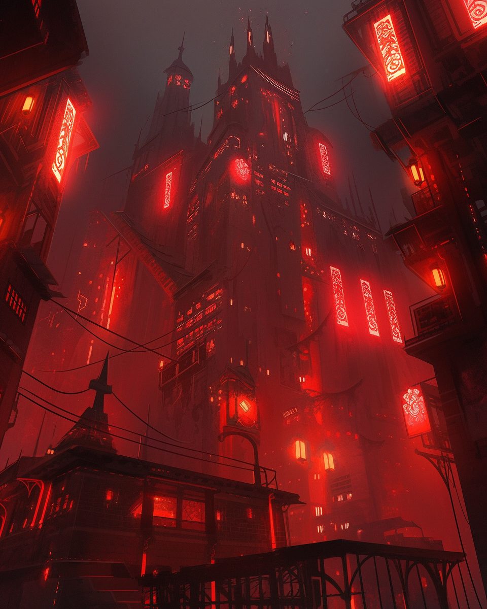 The Dark Buildings with Red Neon Lighting
