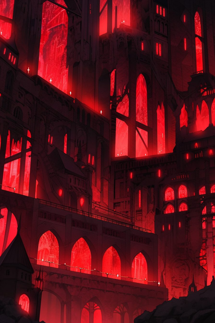 The Dark Buildings with Red Neon Lighting