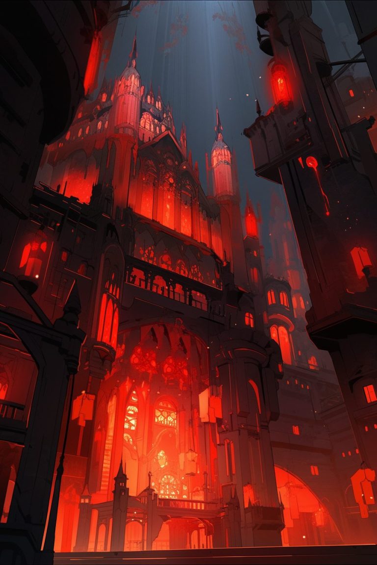 The Dark Buildings with Red Neon Lighting