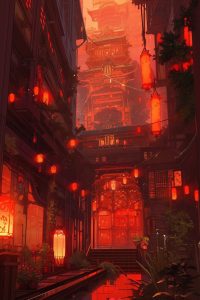 The Dark Buildings with Red Neon Lighting