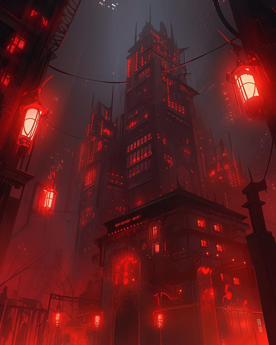 The Dark Buildings with Red Neon Lighting