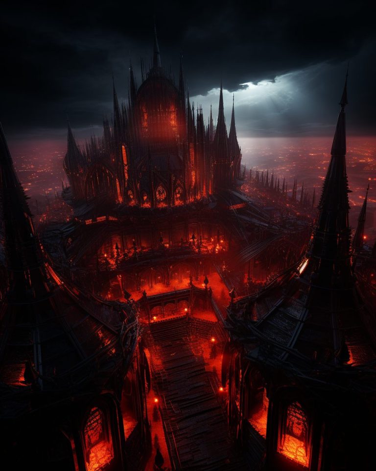 The Dark Buildings with Red Neon Lighting