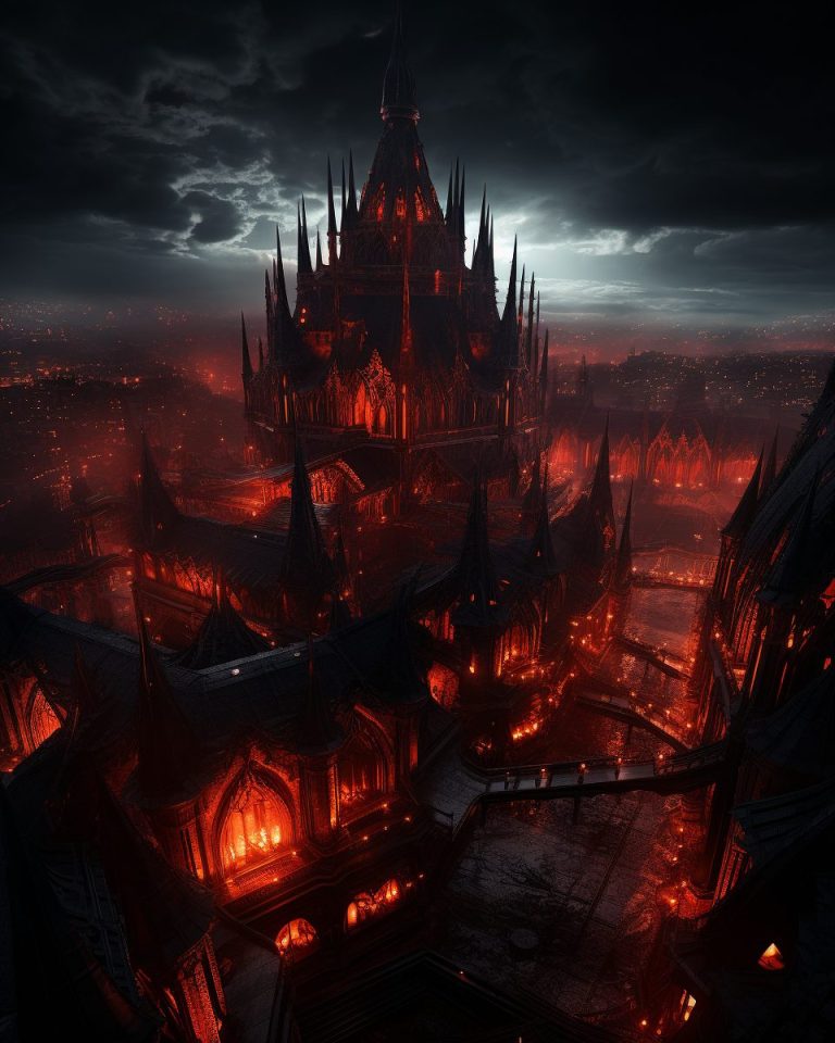 The Dark Buildings with Red Neon Lighting