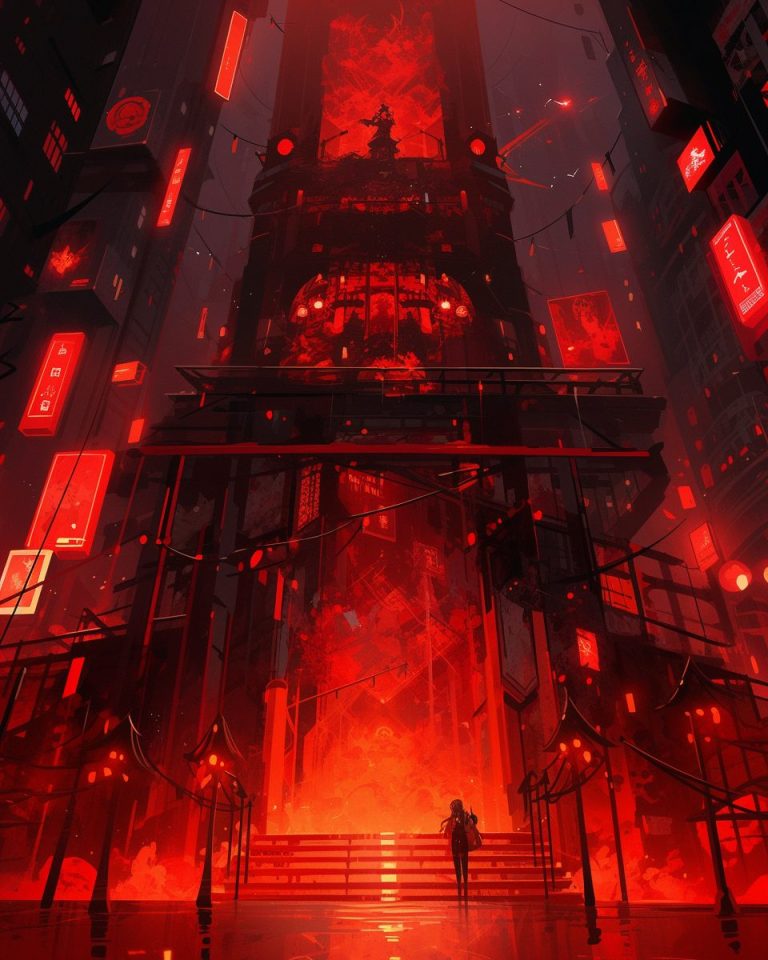 The Dark Buildings with Red Neon Lighting