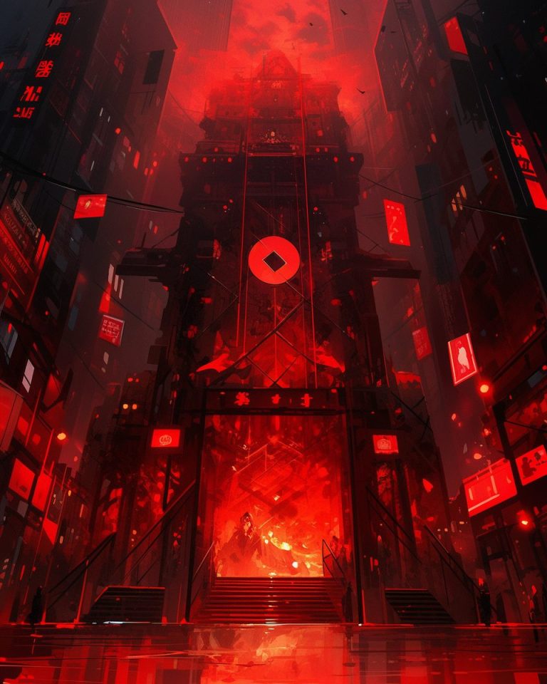 The Dark Buildings with Red Neon Lighting