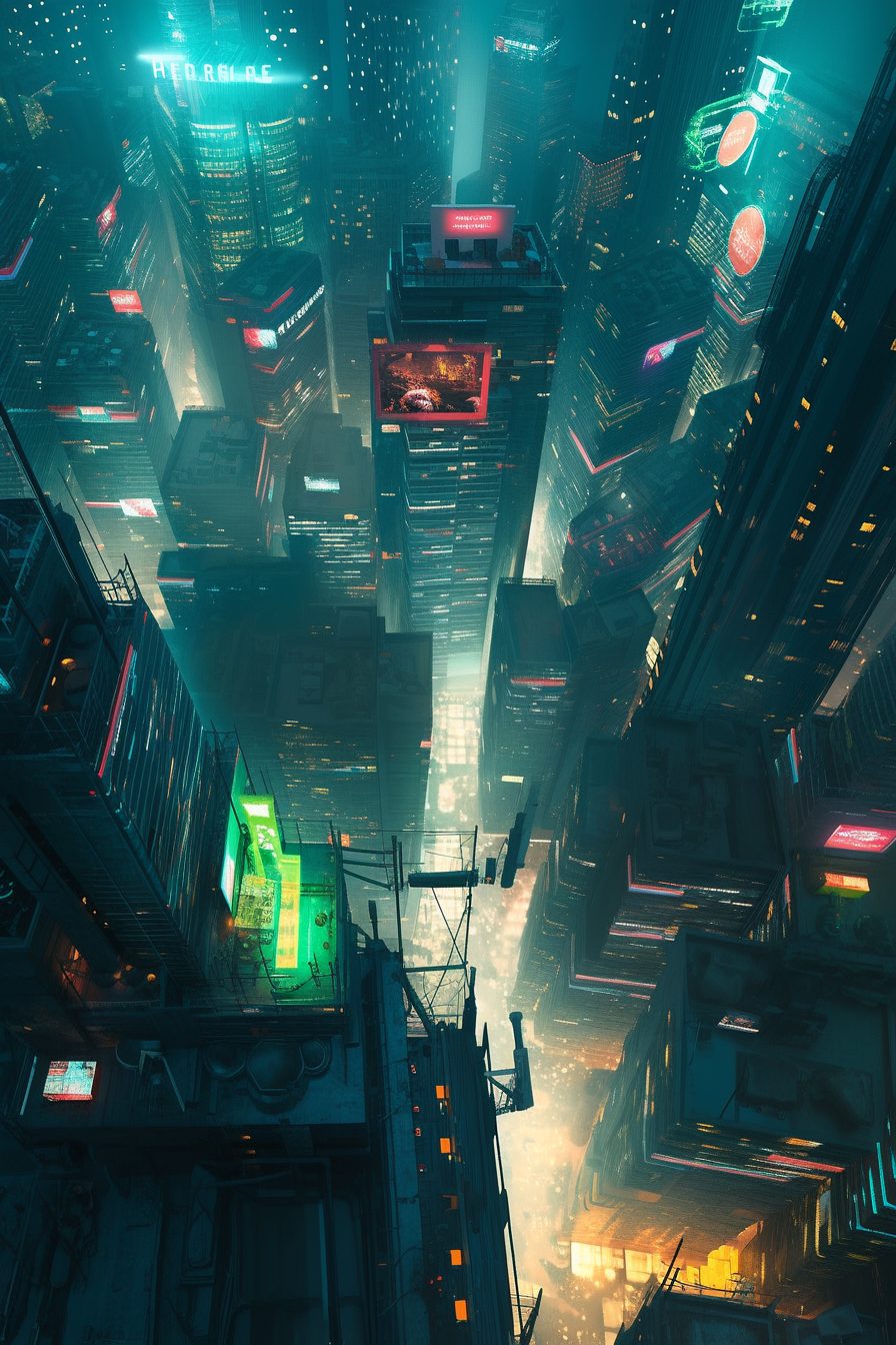 Top View of the Cyberpunk Green Neon Cityscapes