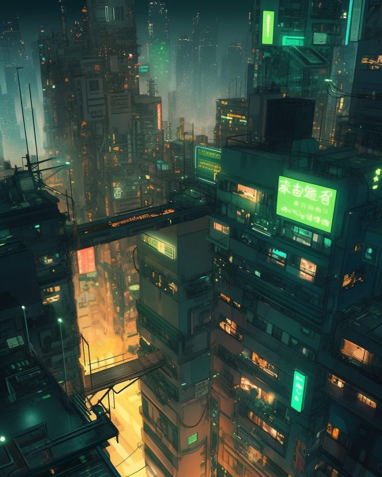 Top View of the Cyberpunk Green Neon Cityscapes